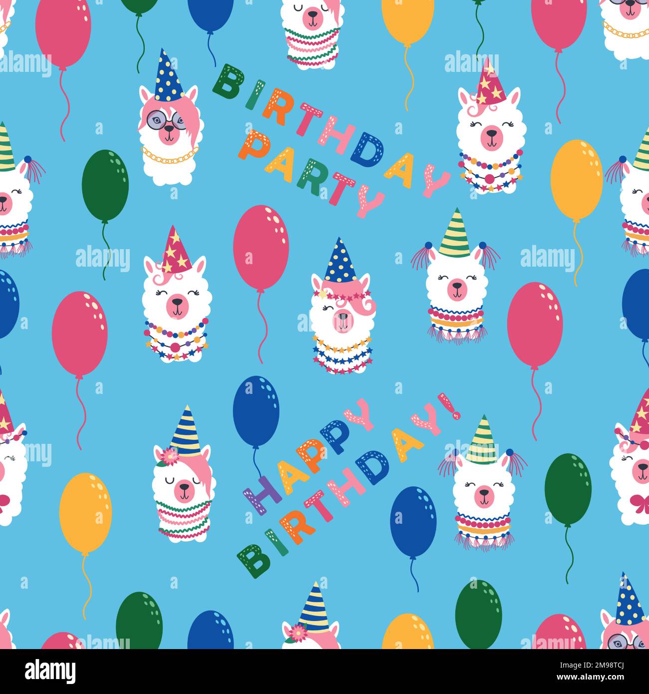 Seamless pattern with llama, alpaca faces. Birthday theme. Caps ...