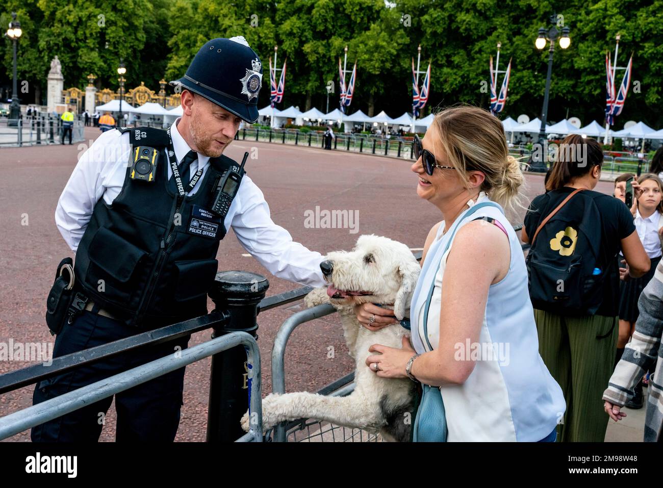 A Police Officer Stroking A Pet Dog, Buckingham Palace, London, Uk ...