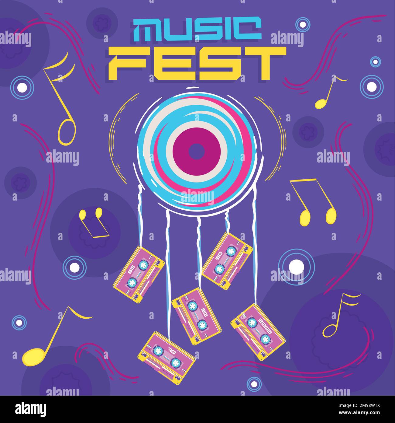 Retro colored music fest poster with cassettes Vector Stock Vector ...