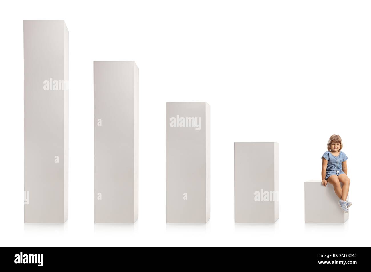 Girl sitting on the lowest column of a graph chart isolated on white ...