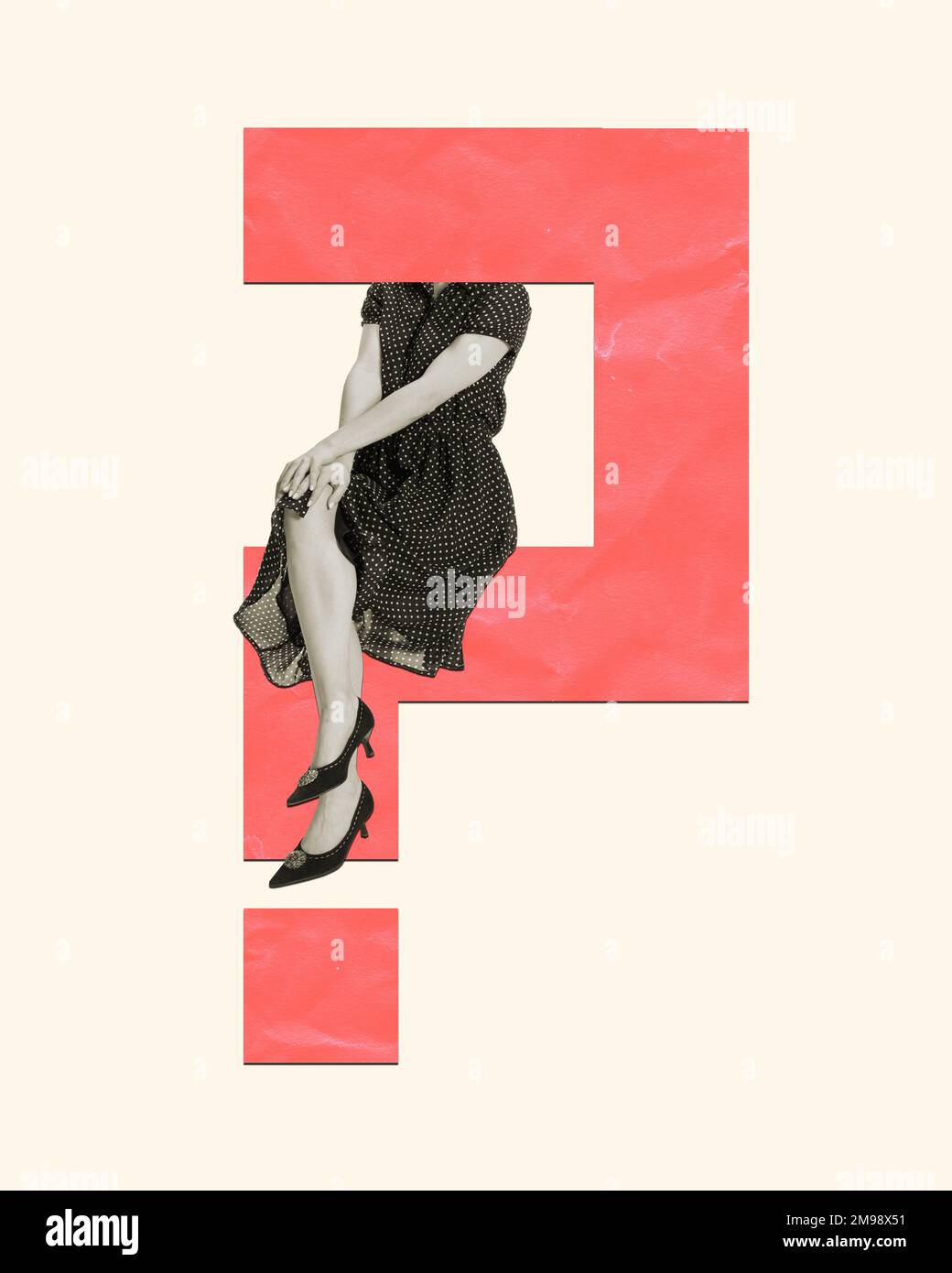 Contemporary art collage. Woman in stylish retro dress with question ...