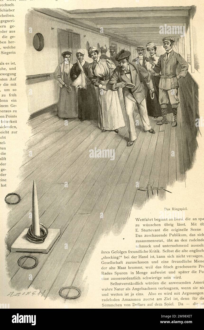 Passengers playing a quoits ring game on the deck of a cruise ship ...