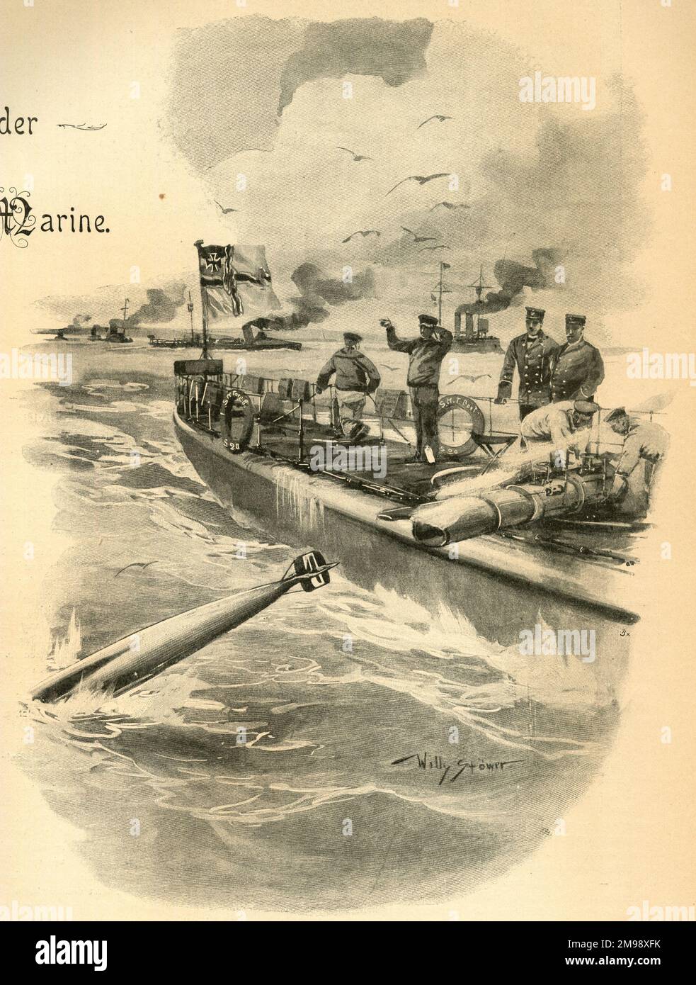 German sailors firing a torpedo out of a tube using compressed air ...