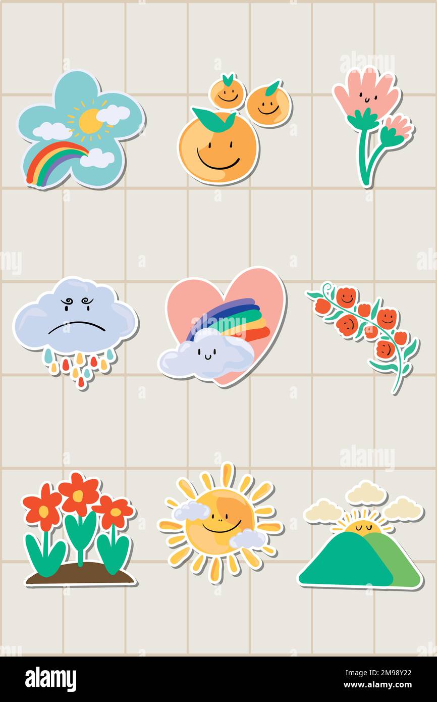 Cute natural doodle sticker set on a grid background vector Stock ...