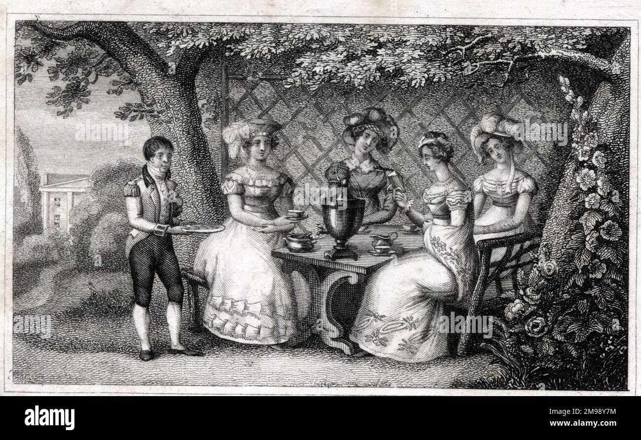 Ladies' tea party in a garden with a samovar Stock Photo - Alamy