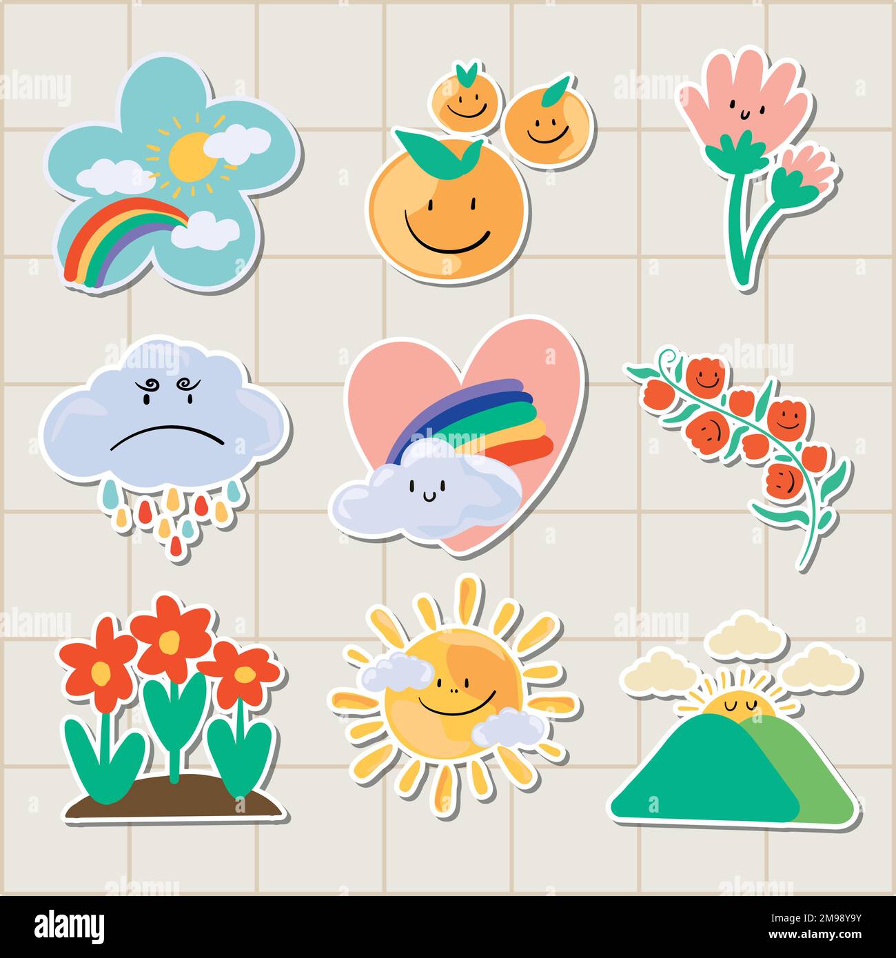 Cute natural doodle sticker set on a grid background vector Stock ...