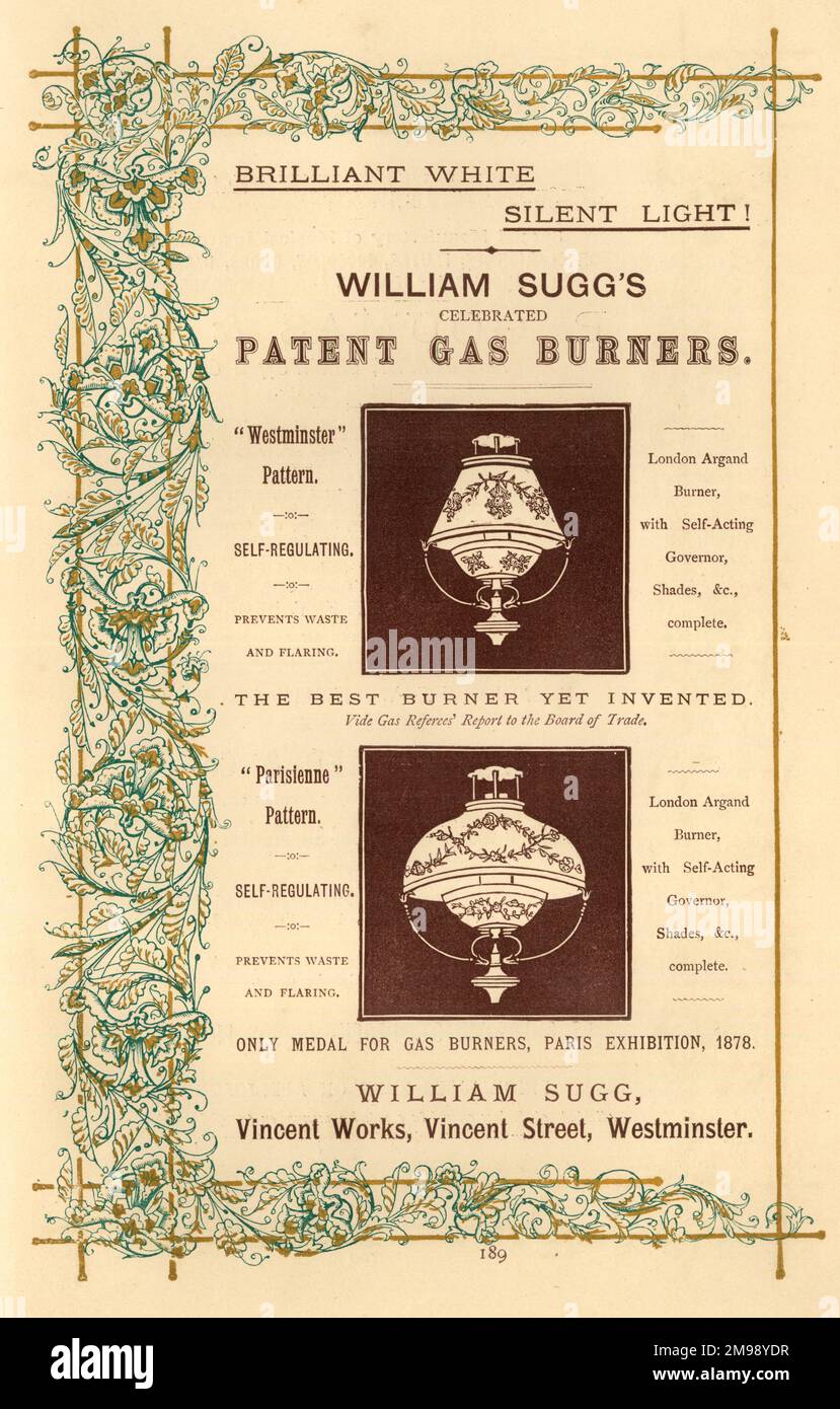 Advert, William Sugg's Celebrated Patent Gas Burners, Vincent Works ...