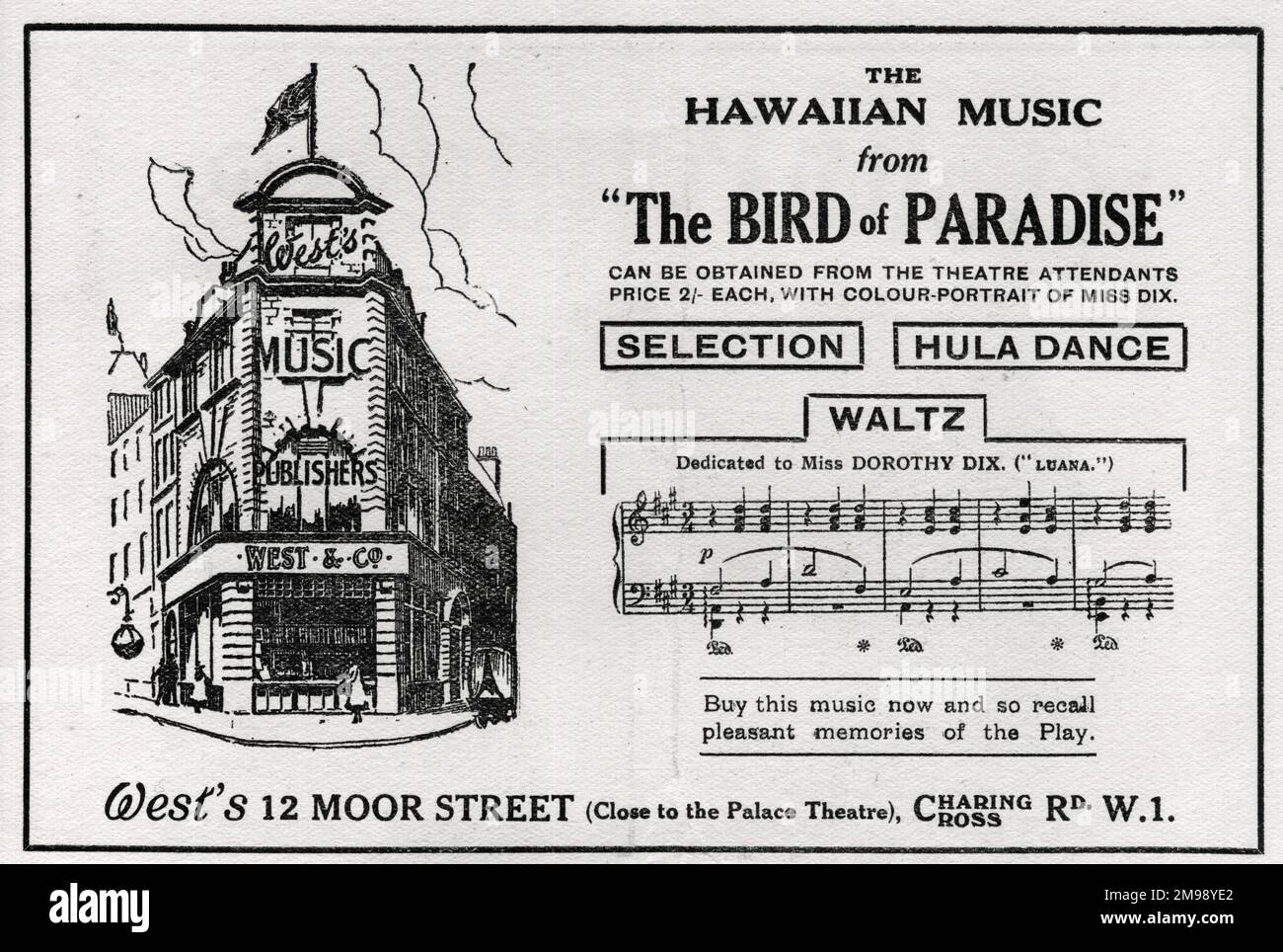 Advert for West's, music publishers, 12 Moor Street, Charing Cross Road ...