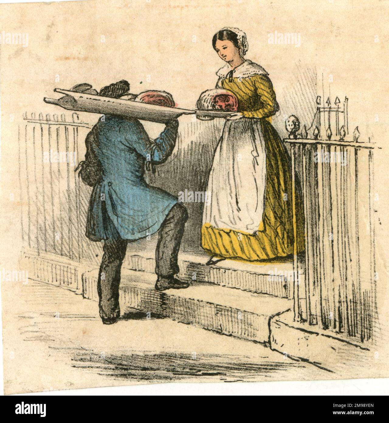 Butcher's delivery man speaking to a female servant at the steps of a ...