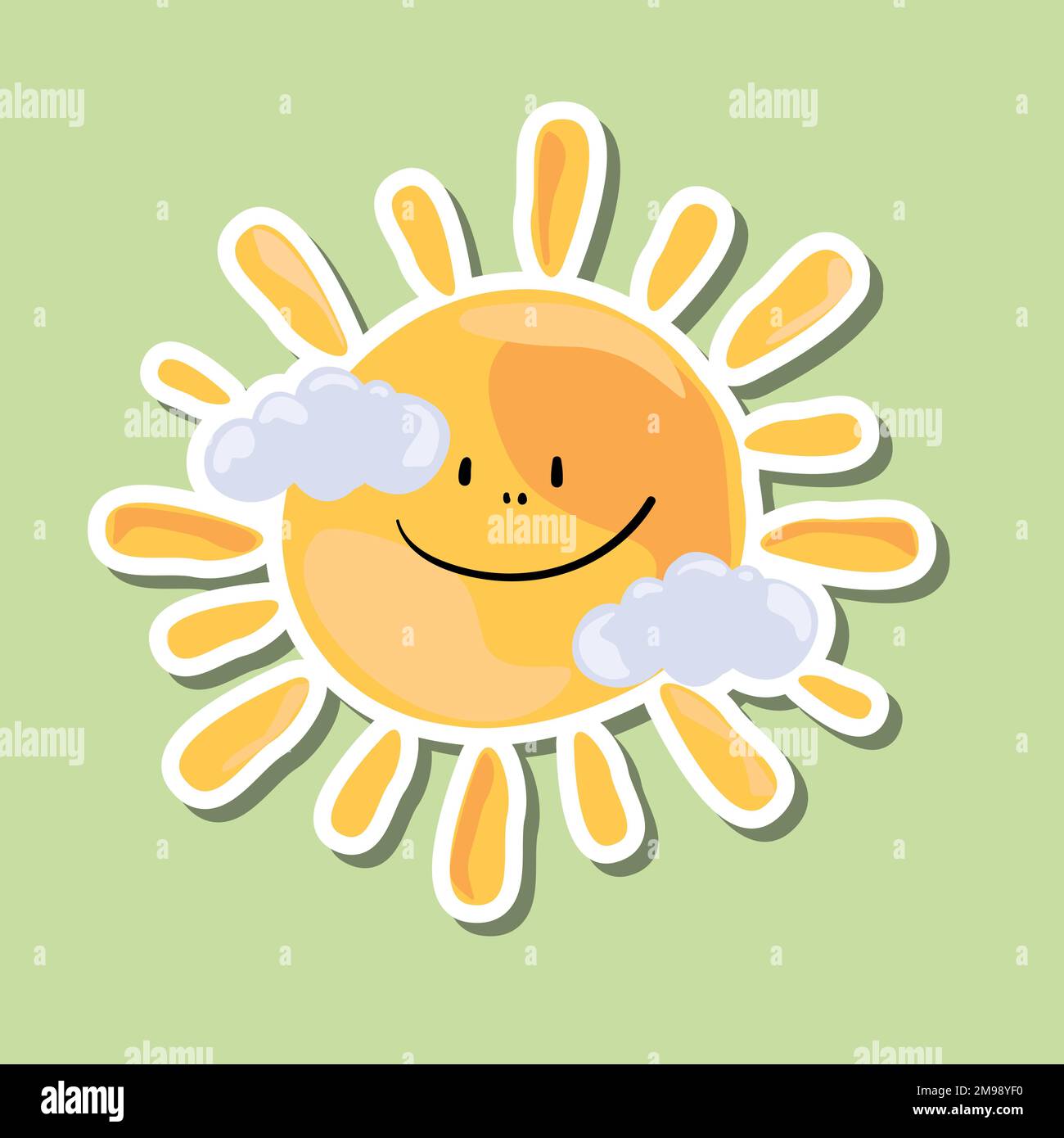 Cute smiling sun with clouds sticker design element vector Stock Vector ...