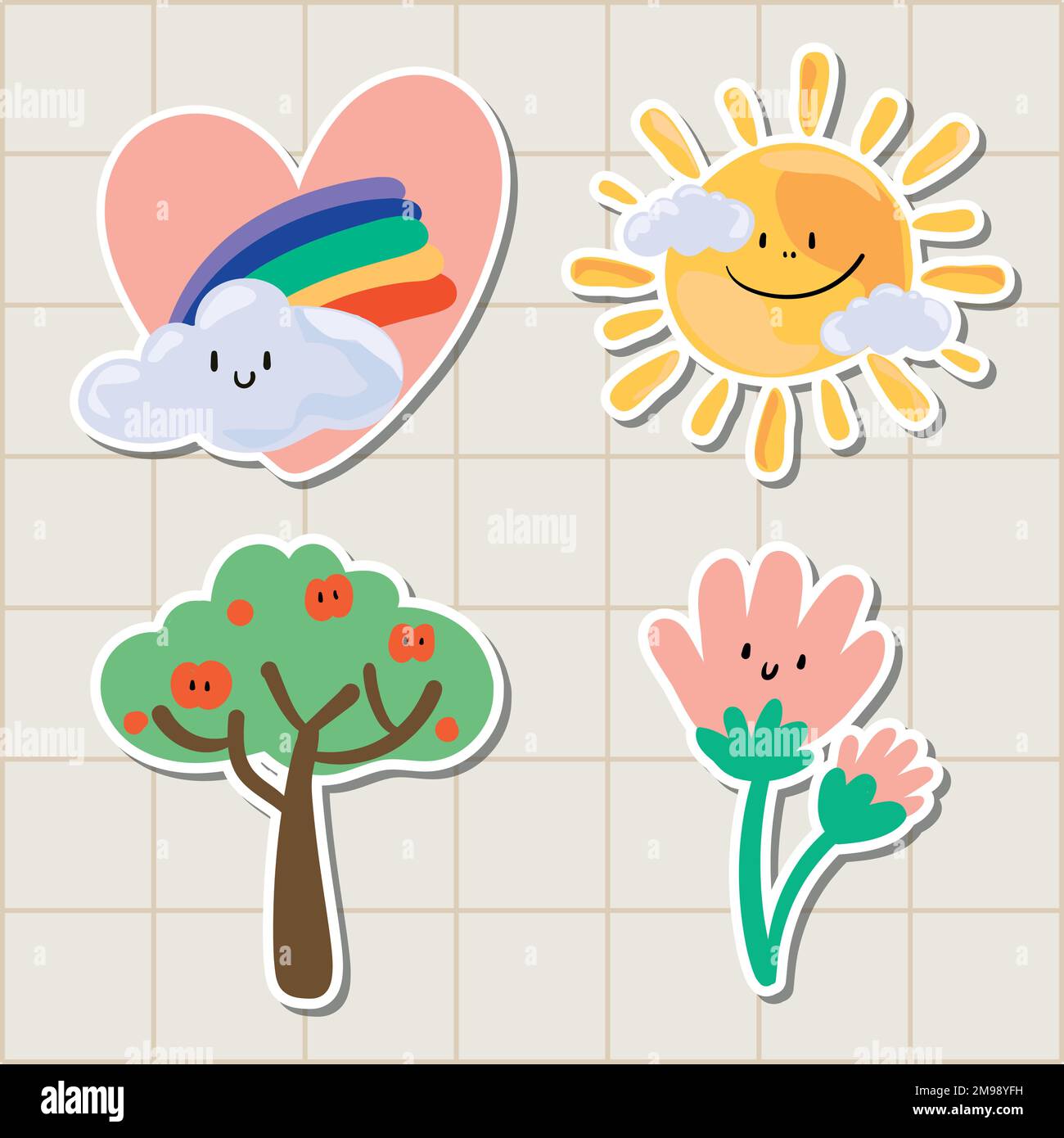 Cute natural doodle sticker set on a grid background vector Stock ...