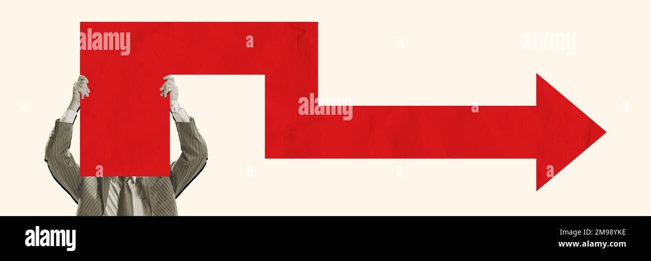 Contemporary art collage. Man, businessman with arrow instead head over ...