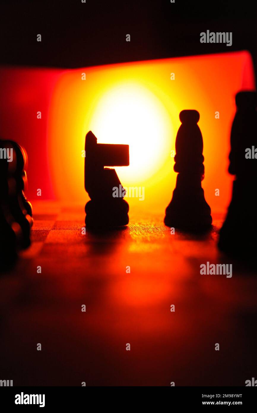 A vertical shot of the silhouettes of the chess pieces with the bright ...