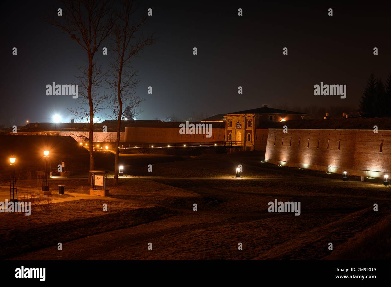 Night view of the fortifications of the Zamosc fortress (Poland). It ...