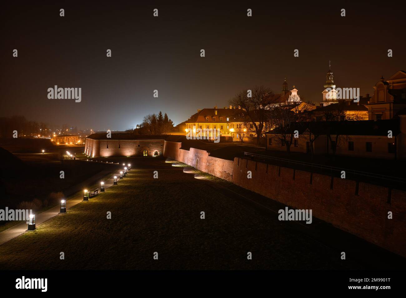 Night view of the fortifications of the Zamosc fortress (Poland). It ...