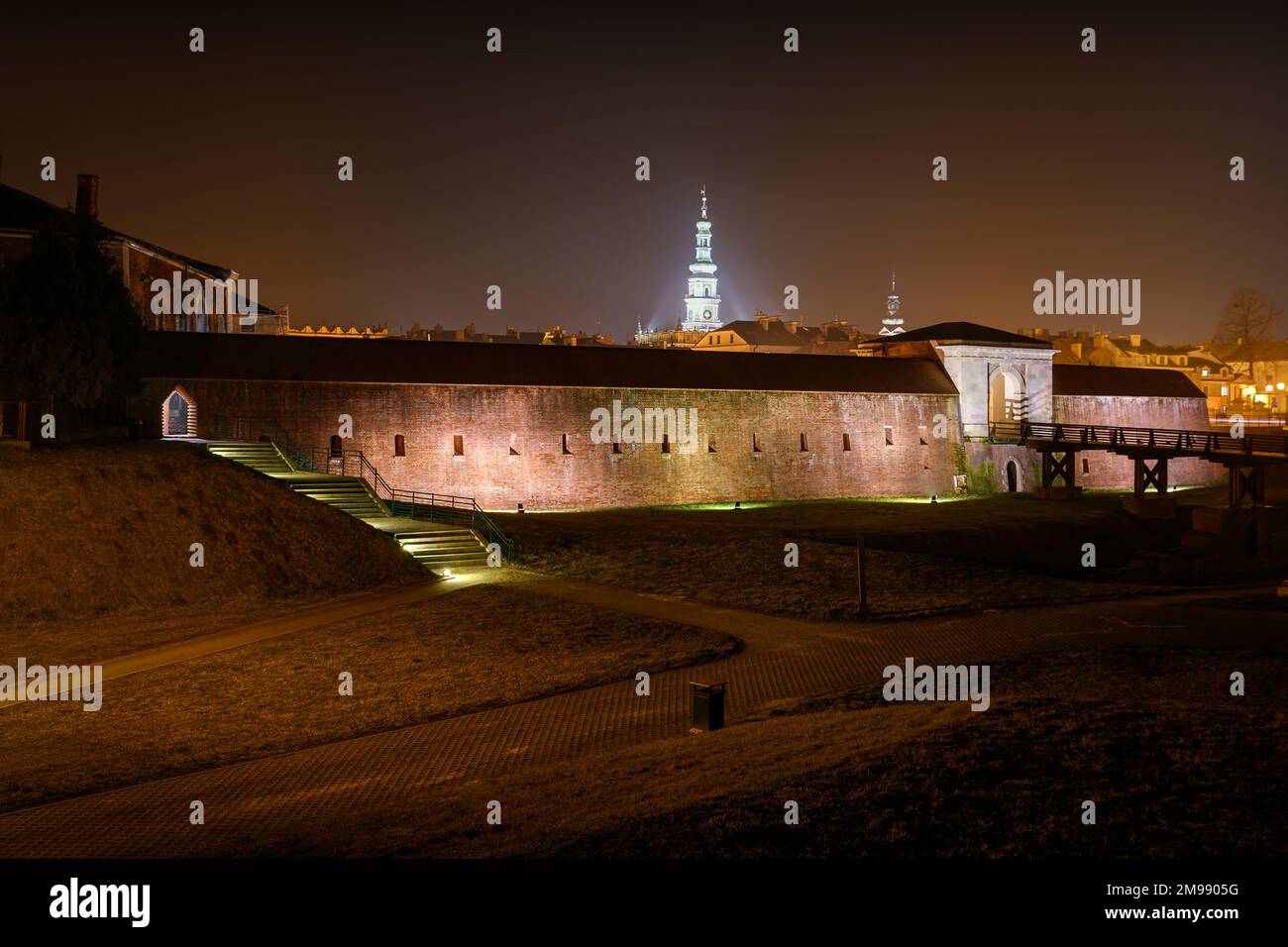 Night view of the fortifications of the Zamosc fortress (Poland). It ...