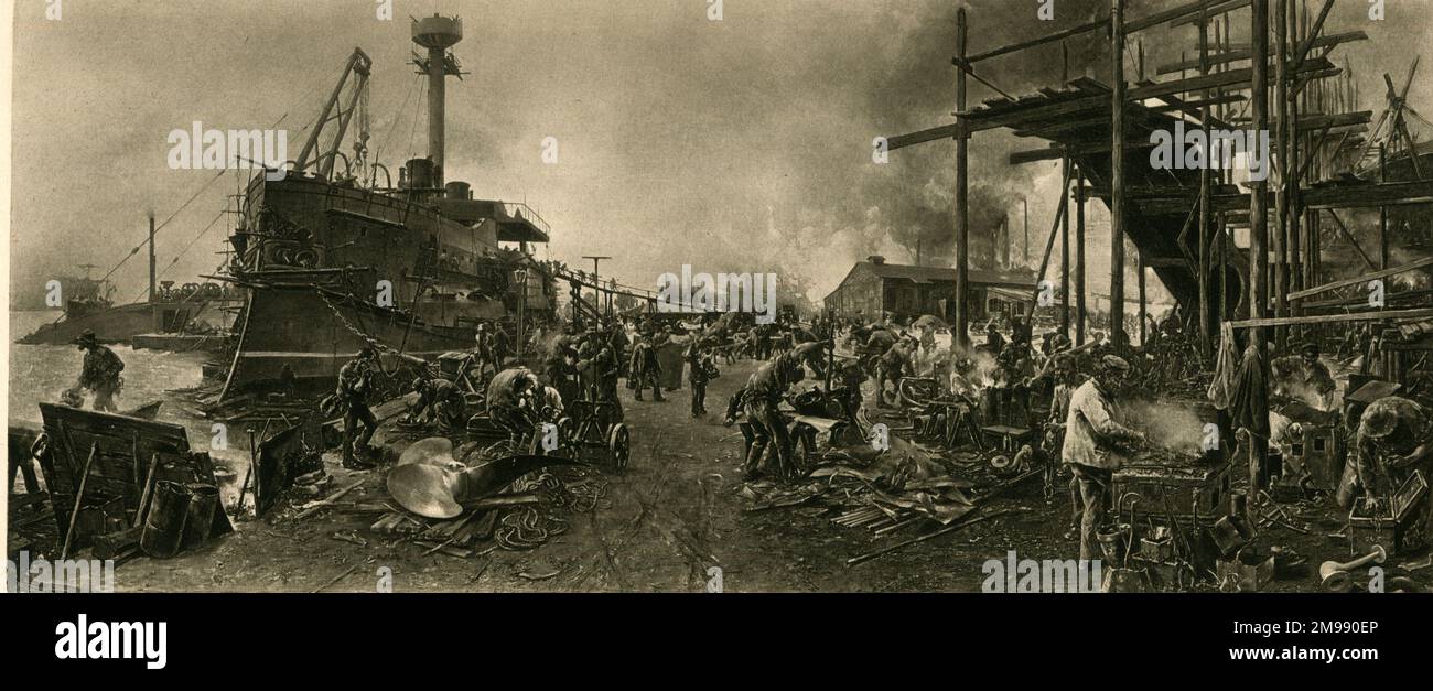 The building of the SMS Oldenburg, a German armoured warship, at the AG Vulcan shipyard, Stettin ...