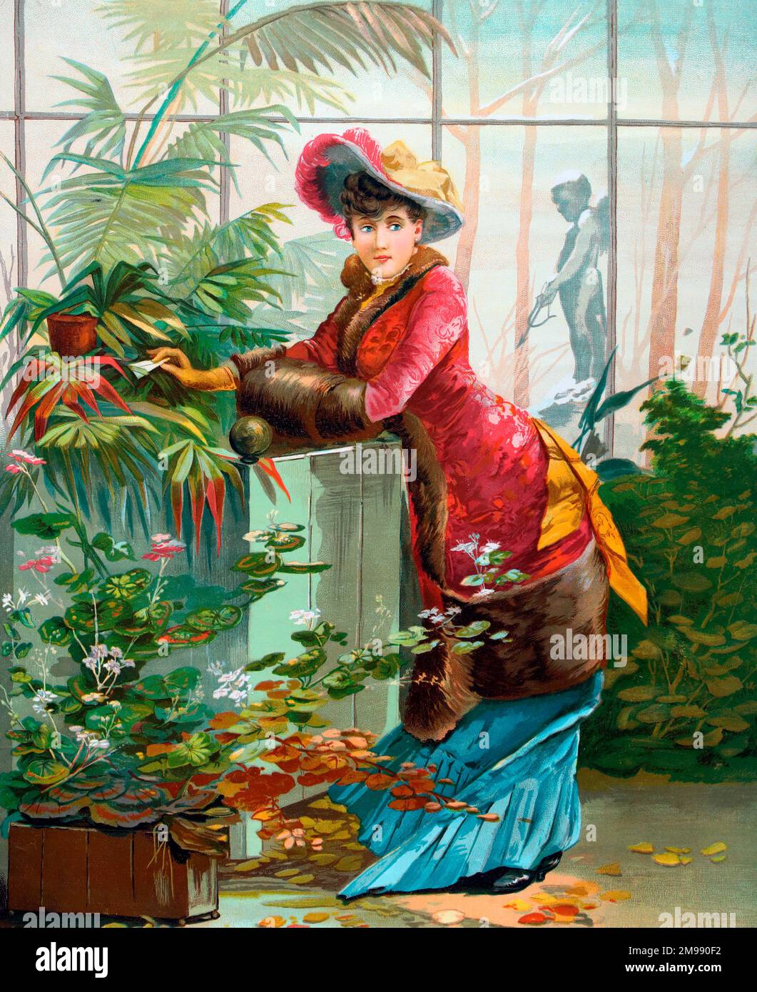 Hiding Cupid's Message - a woman hides a billet doux under some plants ...