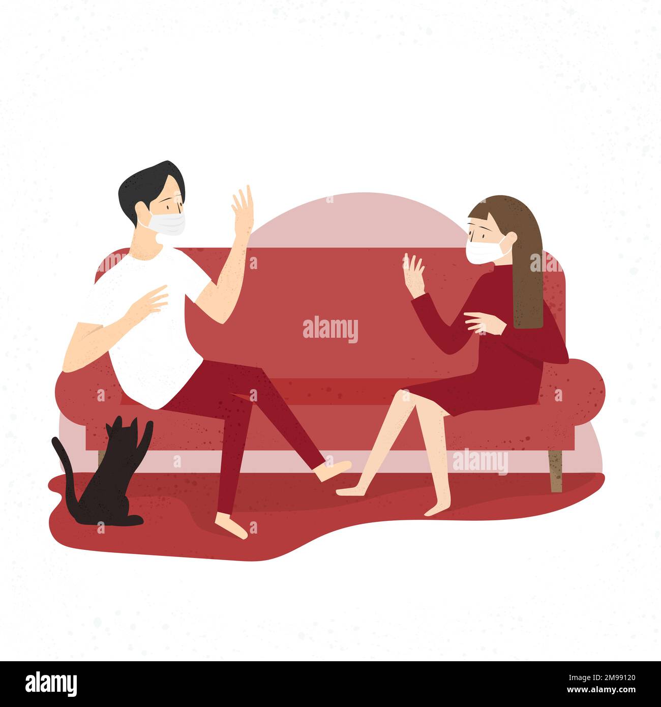 Couple wearing masks and keeping a physical distance in their own home ...