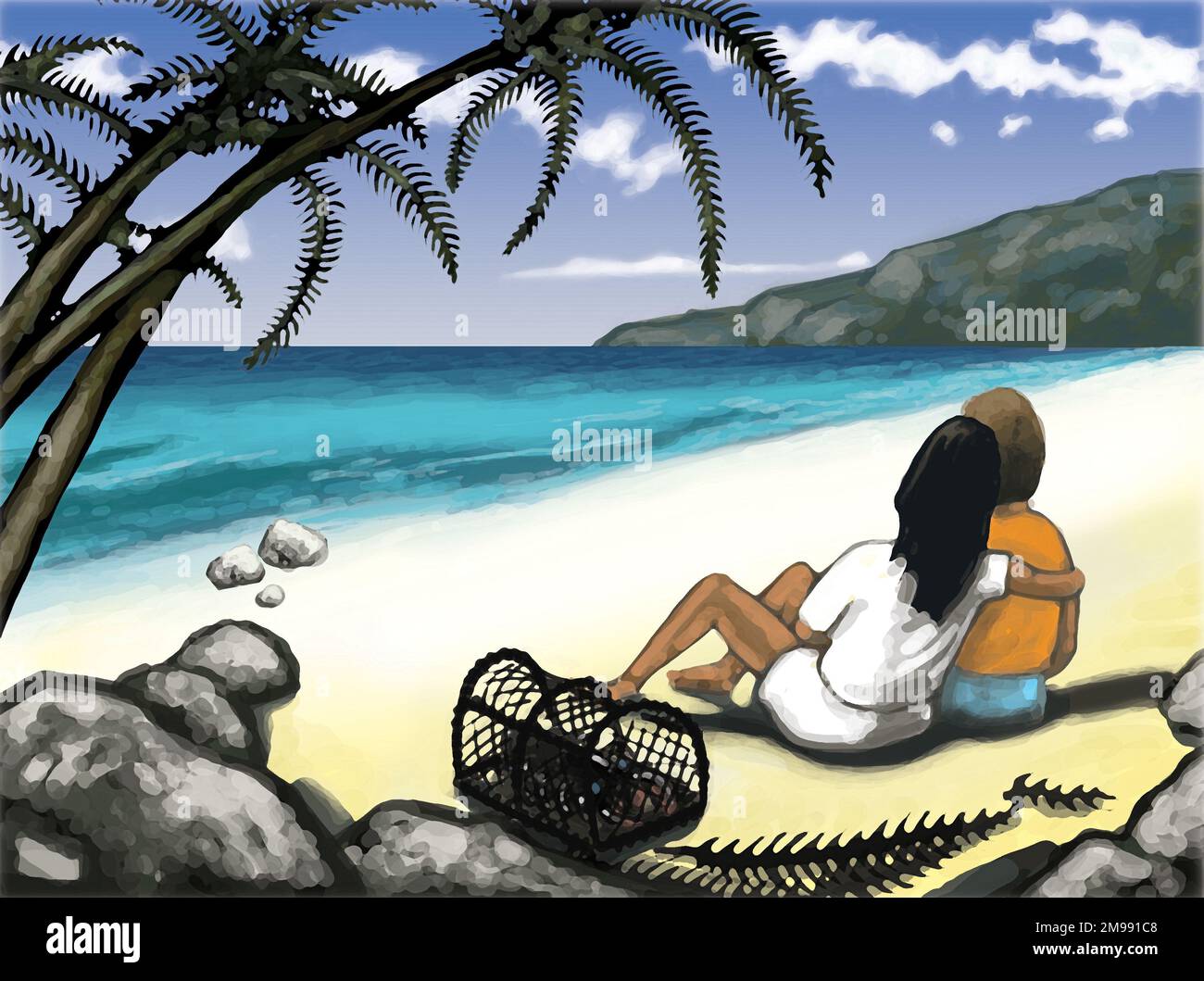 Art illustration of couple of the beach of tropical island, embracing ...