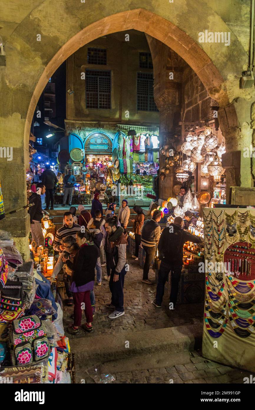 CAIRO, EGYPT - JANUARY 29, 2019: Evening view of Khan el-Khalili bazaar ...