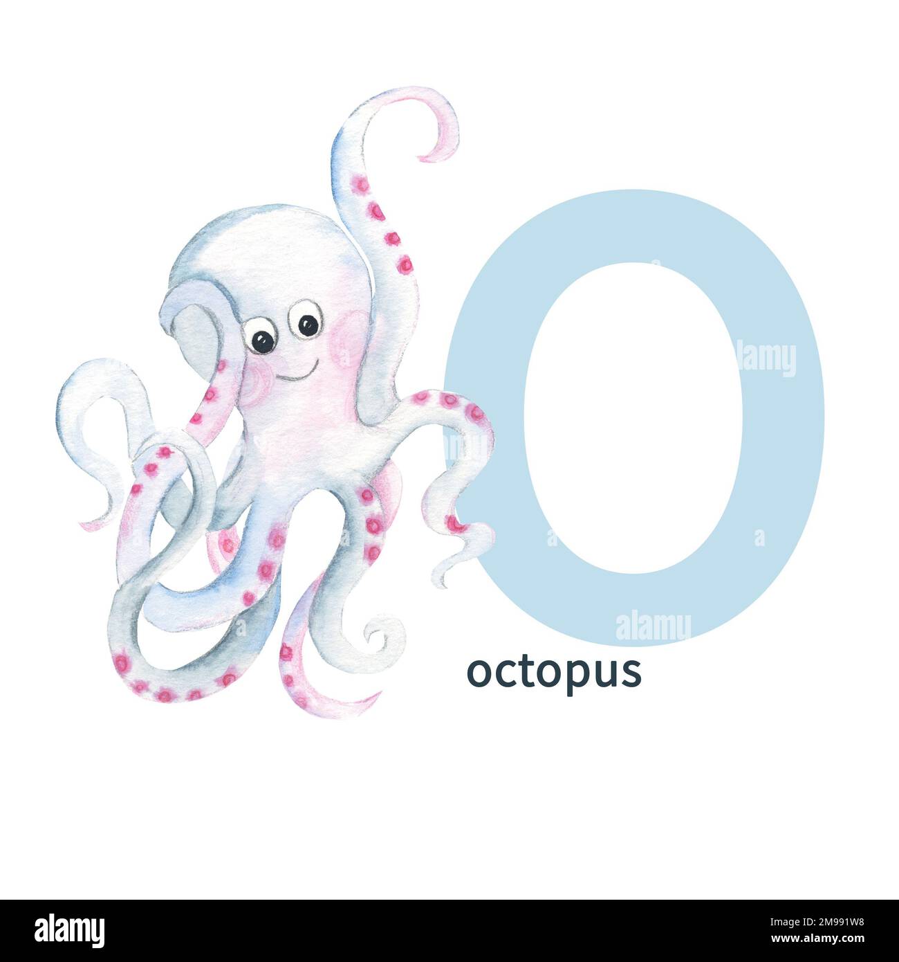 Letter O, octopus, cute kids animal ABC alphabet. Watercolor ...