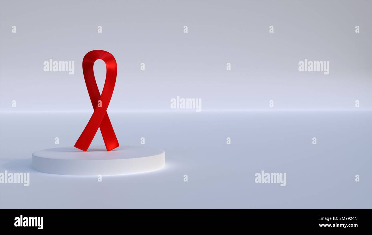 red ribbon concept design for cancer awareness month 3d illustration ...