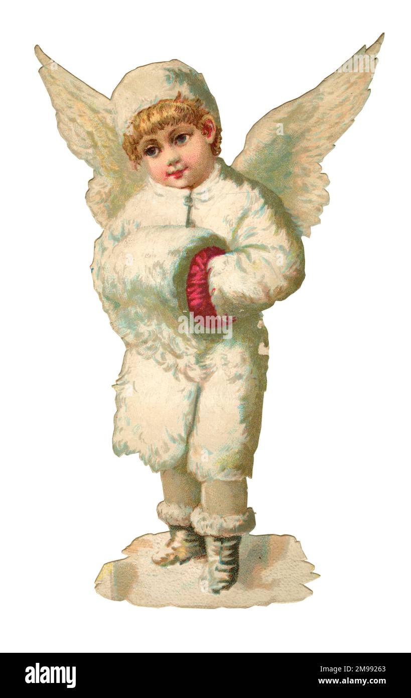 Victorian scrap, Snow Angel with a fur muff Stock Photo - Alamy