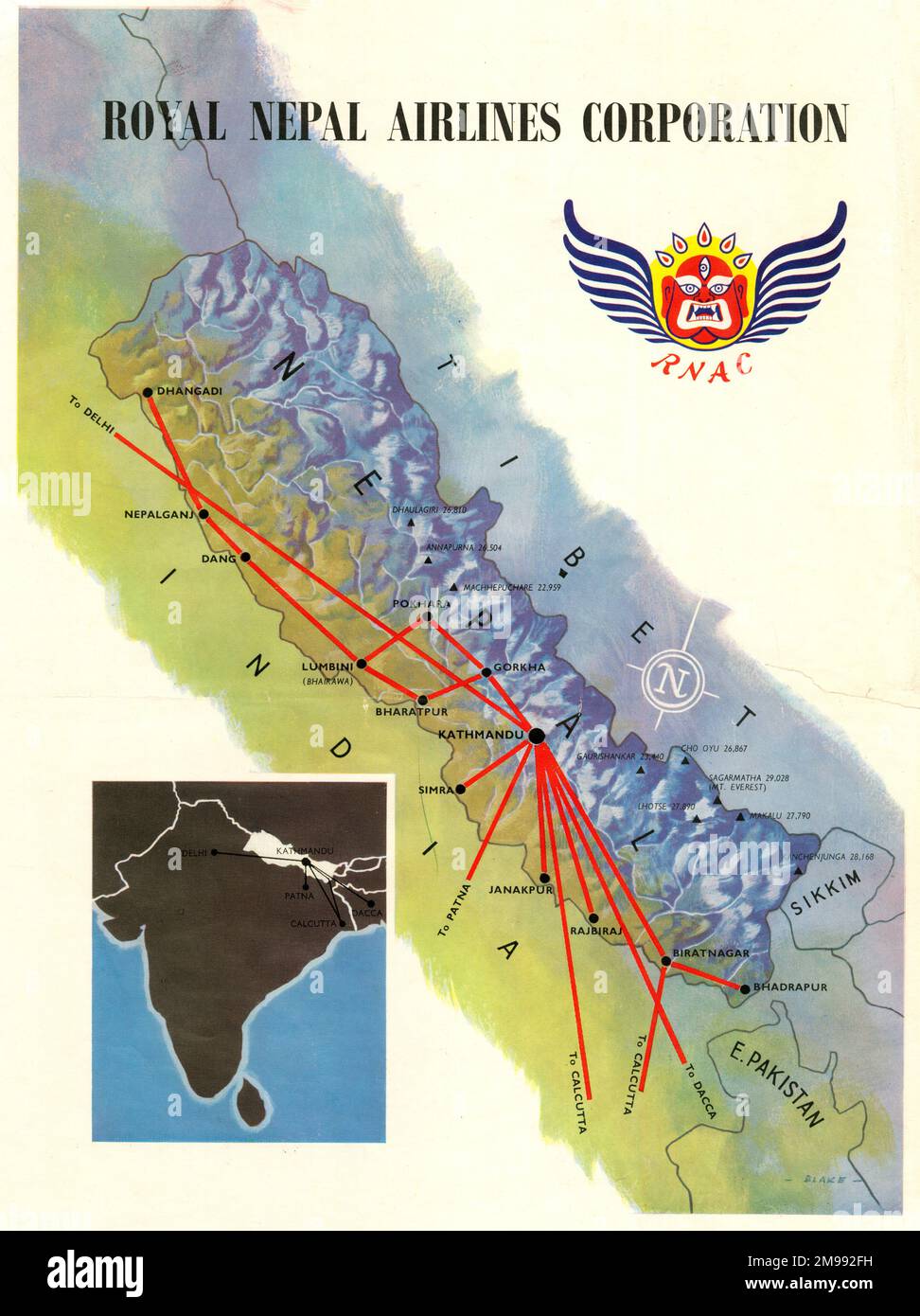 Poster, Royal Nepal Airlines Corporation, with a map showing routes ...