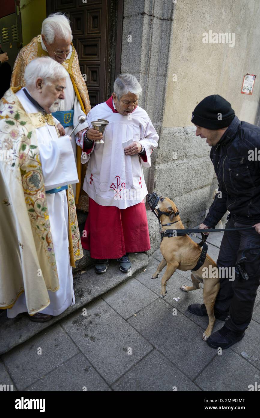 Madrid, Spain. 17th Jan, 2023. A dog barks while being blessed by a ...