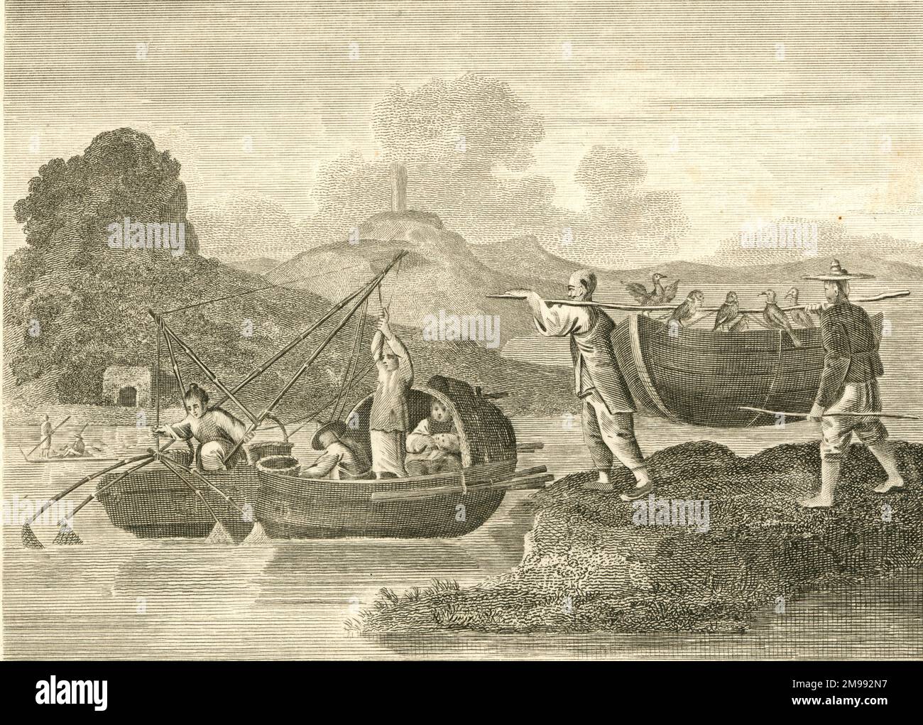 Chinese fishermen carrying a boat with fighting birds, and fishing from ...