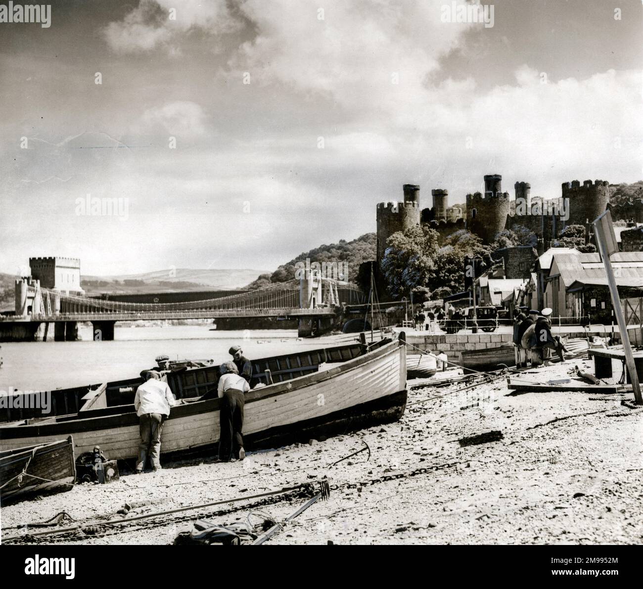 Scene on the beach at Conwy, North Wales, 10 June 1939, with Conwy ...