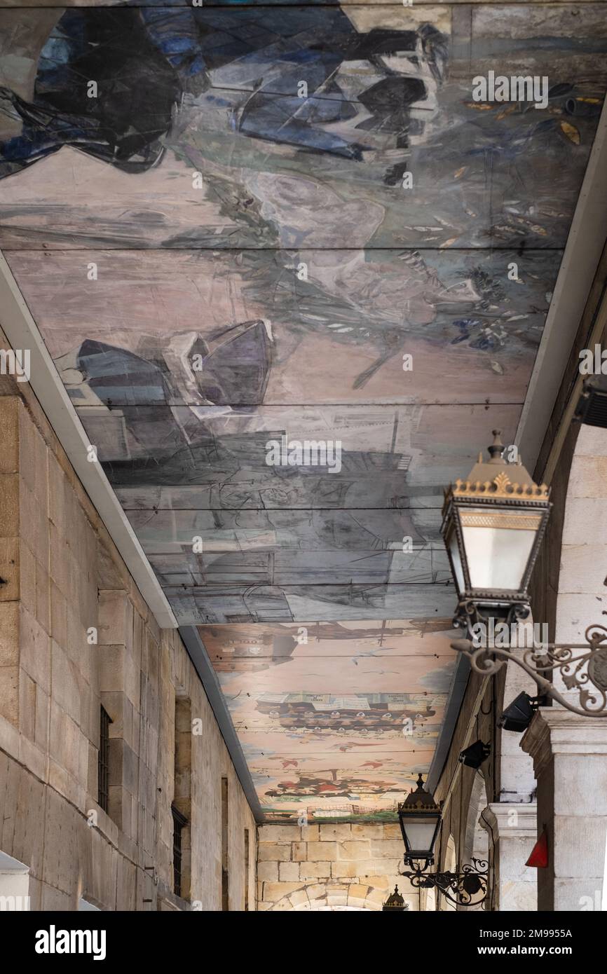 Photograph of a mural painted on the ceiling of a walkway in Bilbao ...