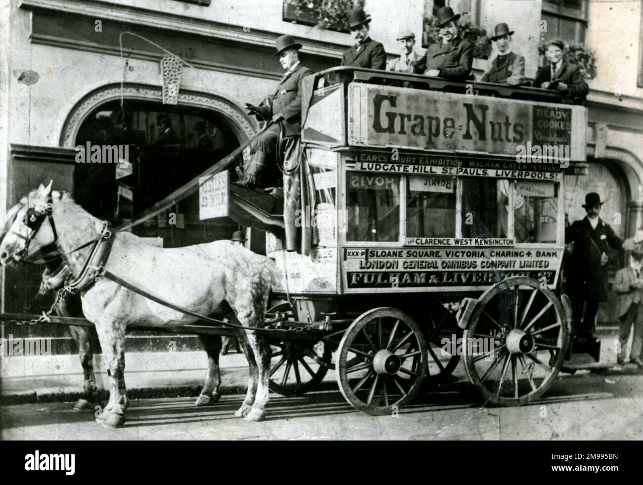 Horse-drawn bus, on a route between Fulham and Liverpool Street, London ...