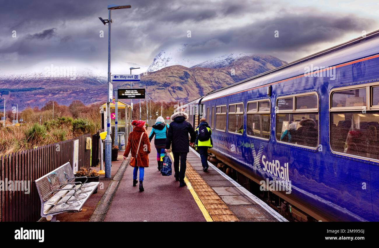 Fort William Scotland passengers about to board ScotRail train at ...