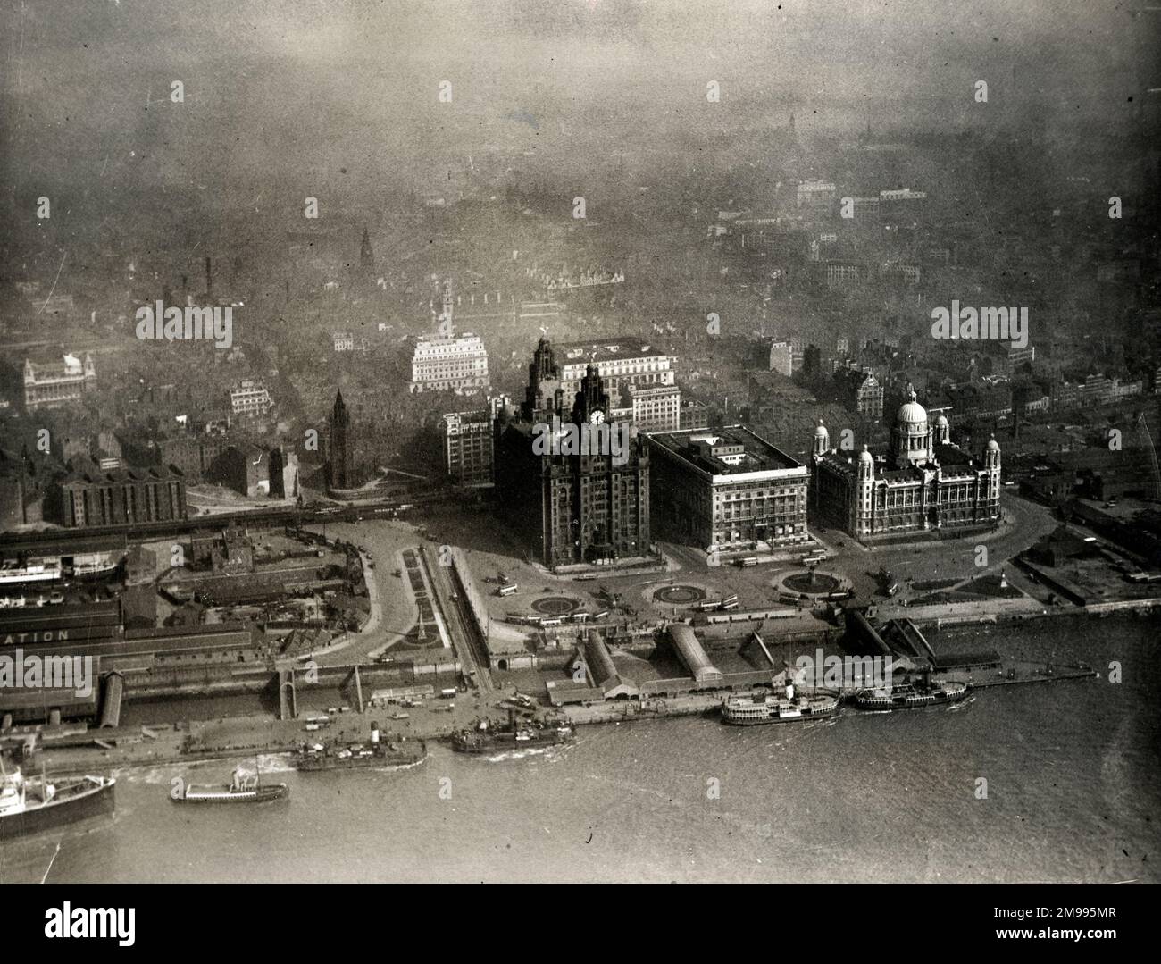 Aerial photo landing stage at Liverpool, showing the Liver, Cunard ...