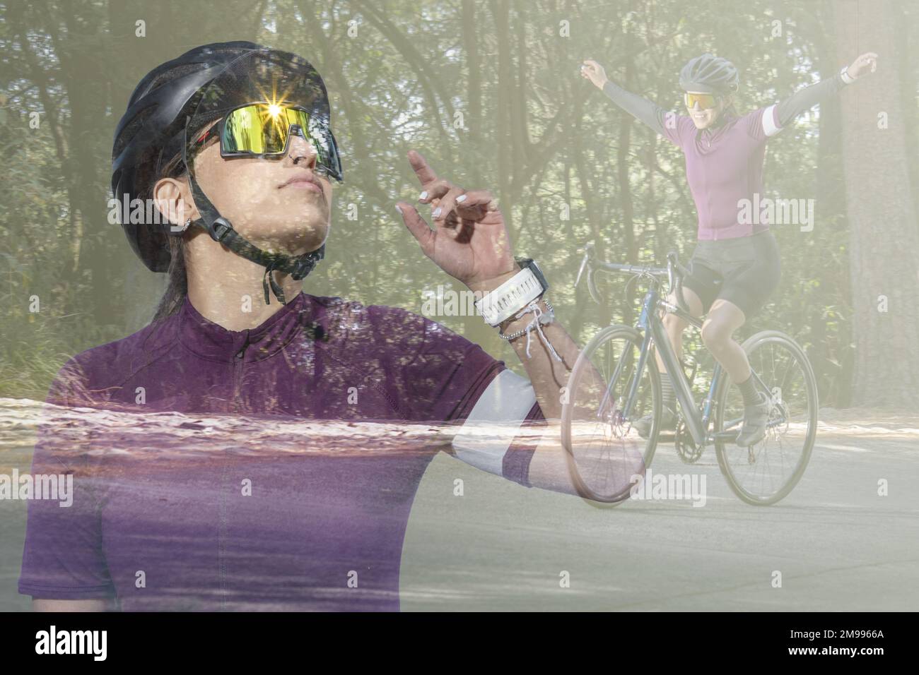 double exposure of cyclist woman with sunglasses and helmet Stock Photo ...