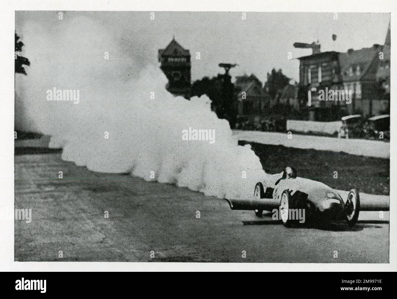 The Opel rocket car in action. After achieving high speeds, an accident ...