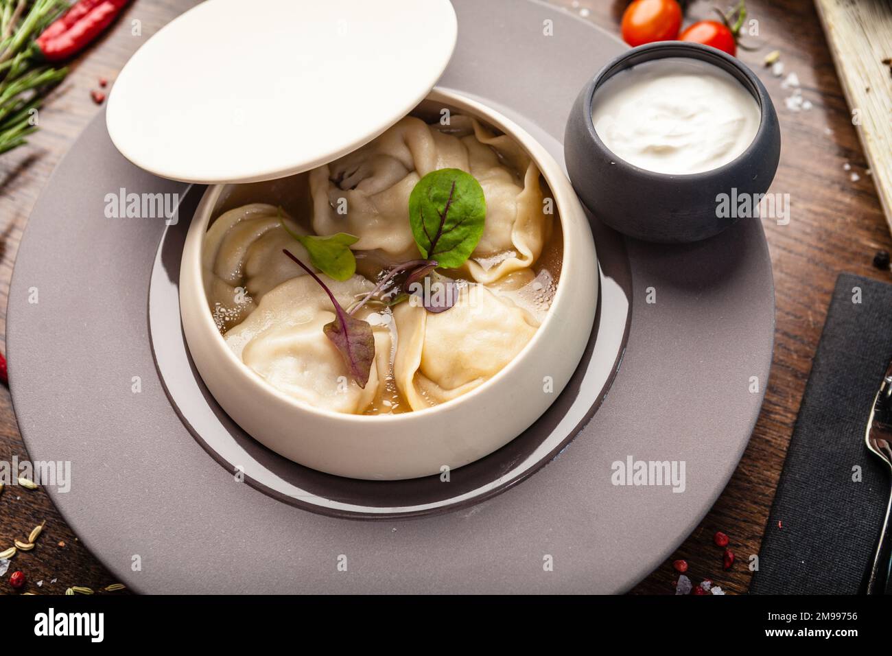 Black Angus beef hand-made dumplings. Cucumber-julienne with chilli ...