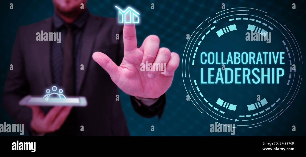 Hand writing sign Collaborative Leadership. Internet Concept people and ...