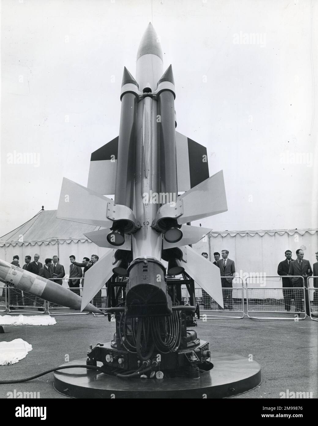 An English Electric Thunderbird surface-to-air guided missile at the 1957 Farnborough air show ...