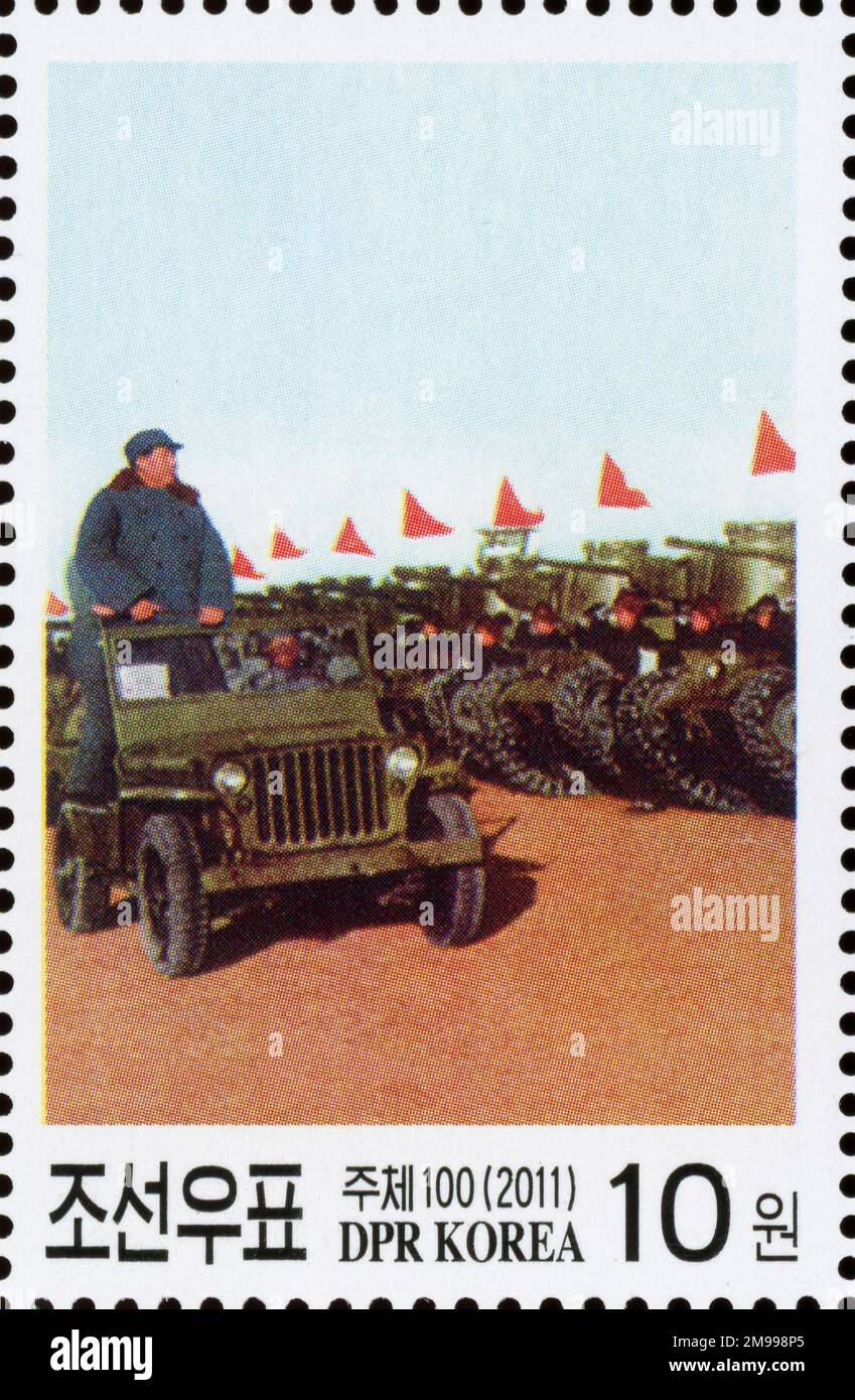 2011 North Korea postage stamp featuring Mao Zedong in a military jeep ...
