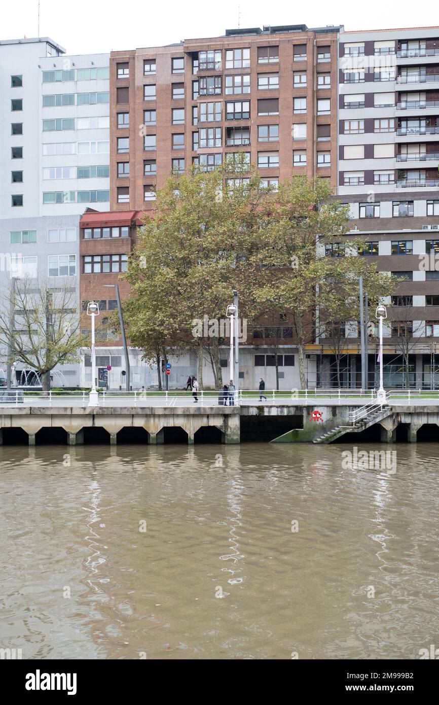 Looking across the Nervíon River in Bilbao, Basque Country, with ...