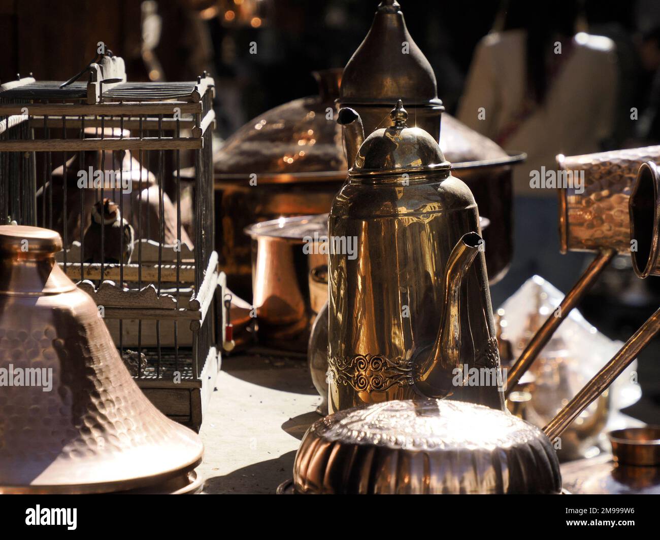 Copper ware shop with crockery, pots and pans in the metal work part of ...