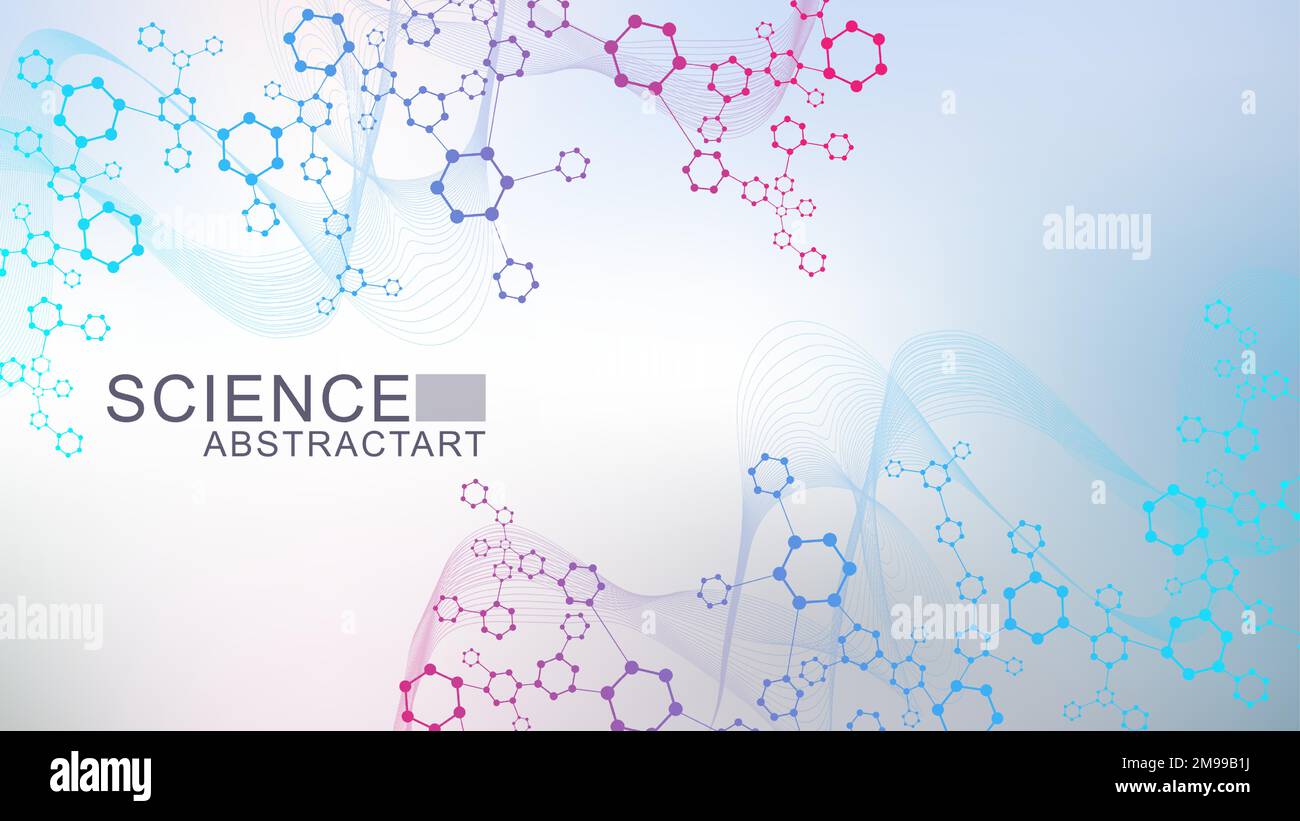 Modern scientific background with hexagons, lines and dots. Wave flow ...