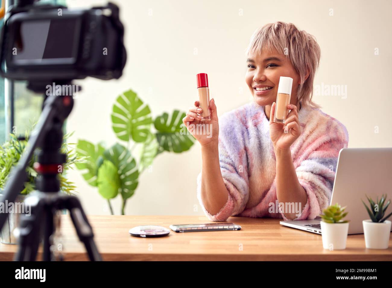 Female Vlogger Recording Beauty And Make Up Video At Home With Camera ...