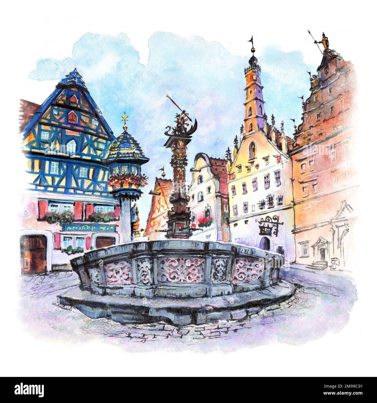 Watercolor sketch of Market square in medieval Old Town of Rothenburg ...