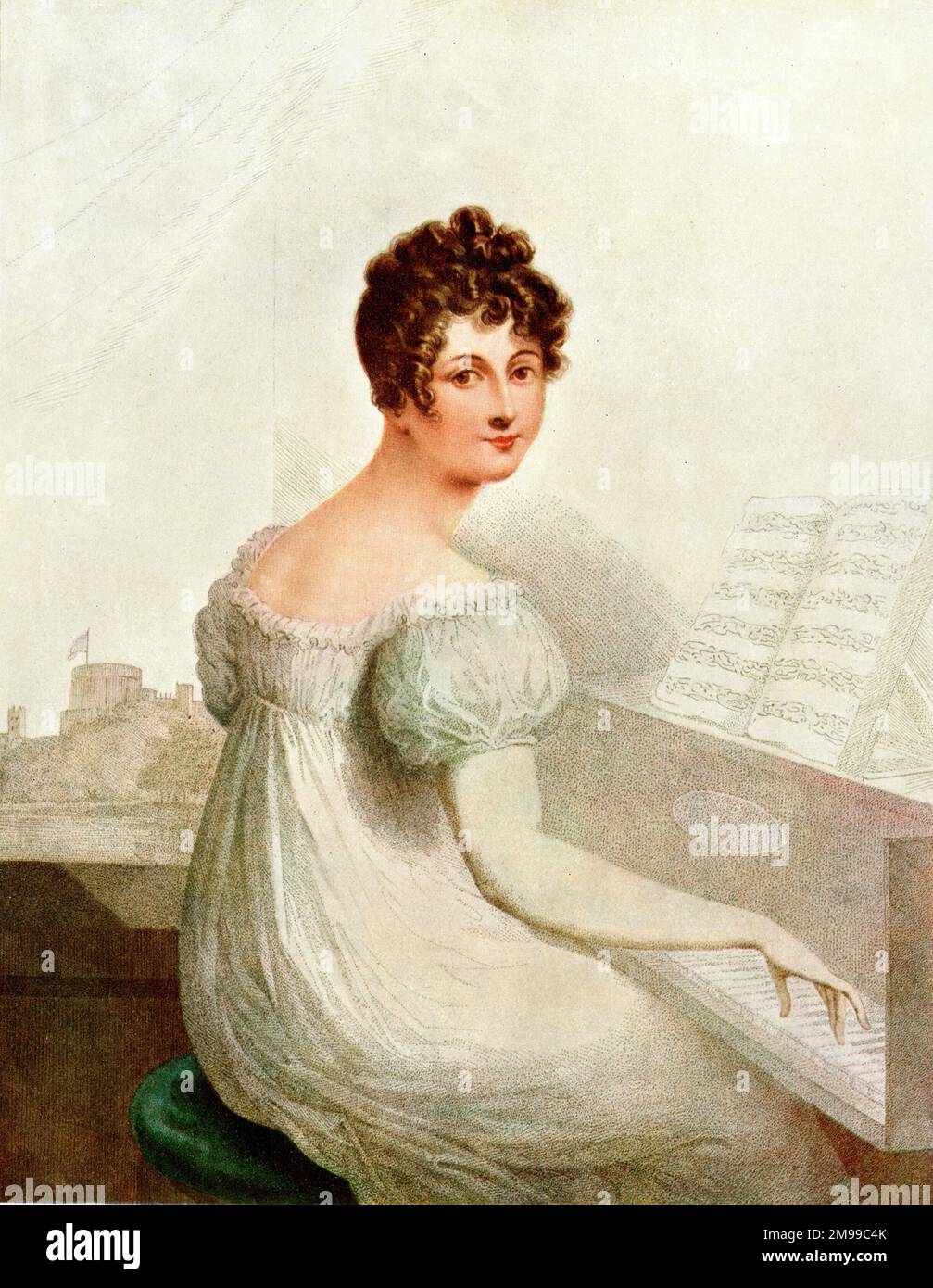 Georgian lady playing a keyboard instrument with Windsor Castle in the ...