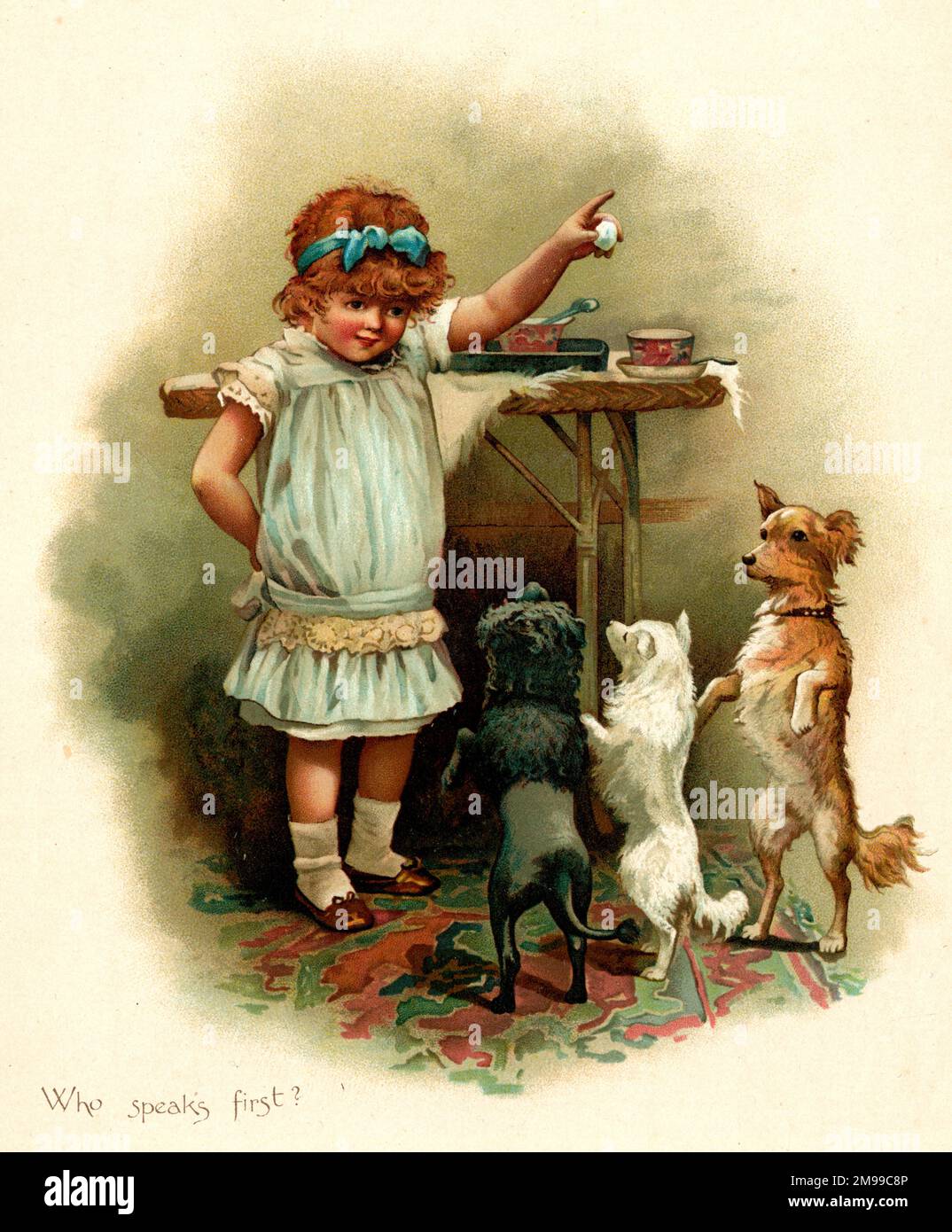 Illustration, Who Speaks First, girl making dogs beg Stock Photo - Alamy
