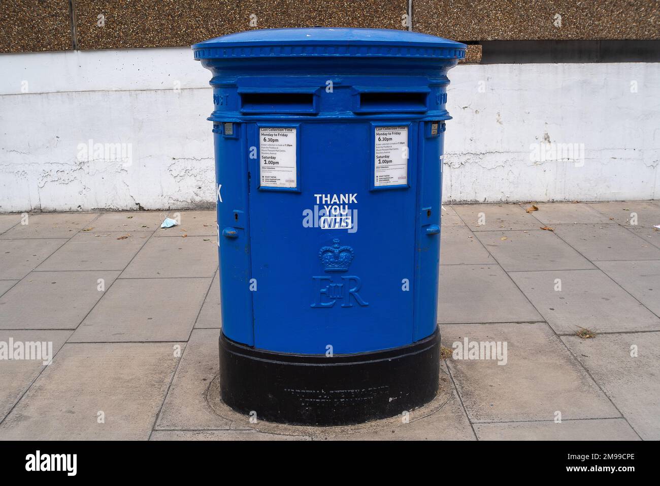 London, UK. 5th July, 2022. Waterloo. A blue painted post box outside ...